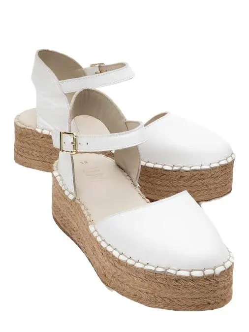 FOREVER & ALWAYS SHOES Viba Leather Espadrille Platform Wedge Sandals - White Leather