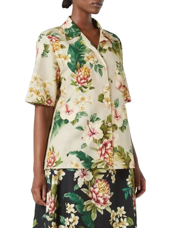 Marina Rinaldi Brais Floral Linen & Cotton Shirt - Sand
