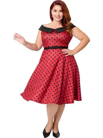 Unique Vintage Off The Shoulder Swing Dress - Red And Black Dots