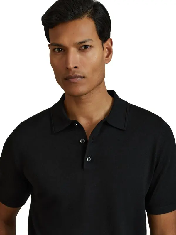 REISS Manor Merino Wool Short-sleeve Polo Shirt - Black