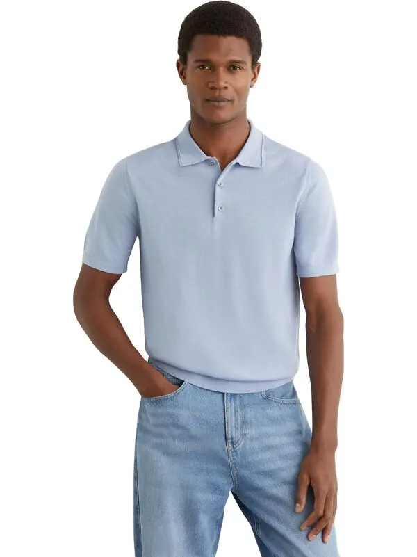 REISS Manor Merino Wool Short-sleeve Polo Shirt - Sky Blue