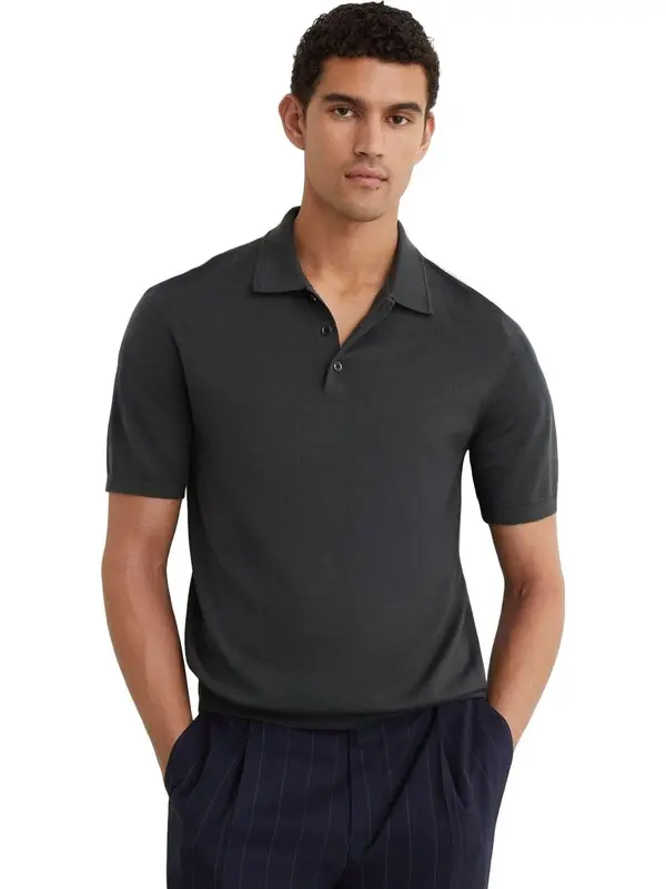 REISS Manor Merino Wool Short-sleeve Polo Shirt - Vulcan Grey
