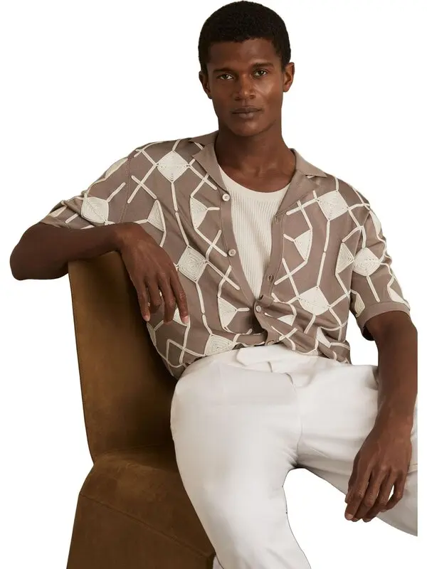 REISS Terrazzo Geometric Embroidery Knit Shirt - Taupe Brown