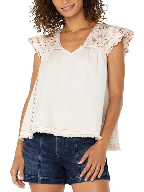LIVERPOOL Flutter Sleeve Top - Bone Multi