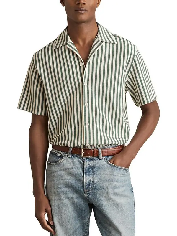 REISS Textured Stripe Camp Shirt - Green/white