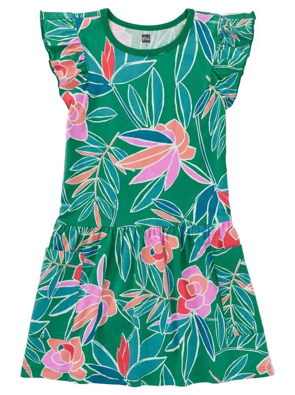 TEA COLLECTION Flutter Sleeve Pocket Dress - Tropical Gardenias