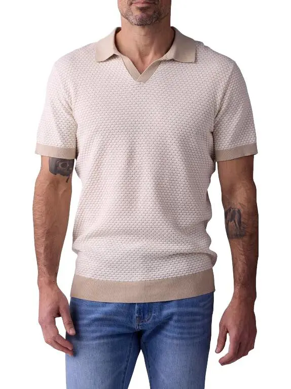 THE NORMAL BRAND Robles Johnny Collar Textured Cotton Jacquard Polo Sweater - Ivory/khaki