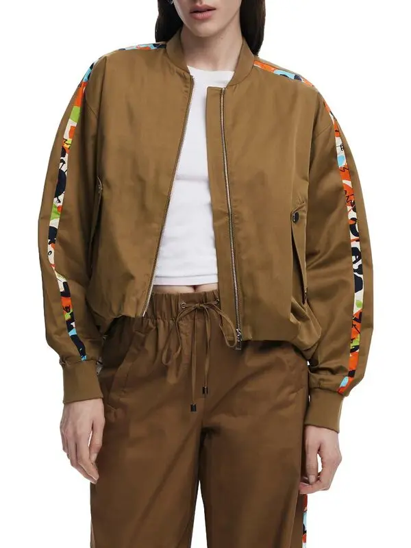Desigual Contrast Sleeve Stripe Bomber Jacket - Camel