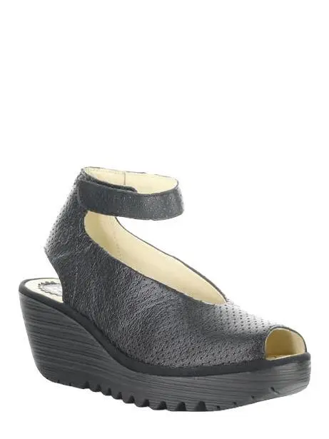 Fly London Yala Perforated Leather Wedge Sandal - Black
