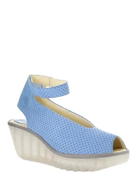 Fly London Yala Perforated Leather Wedge Sandal - Light Blue