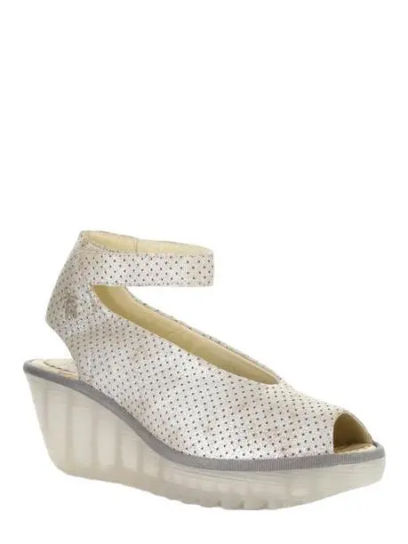Fly London Yala Perforated Leather Wedge Sandal - Pearl