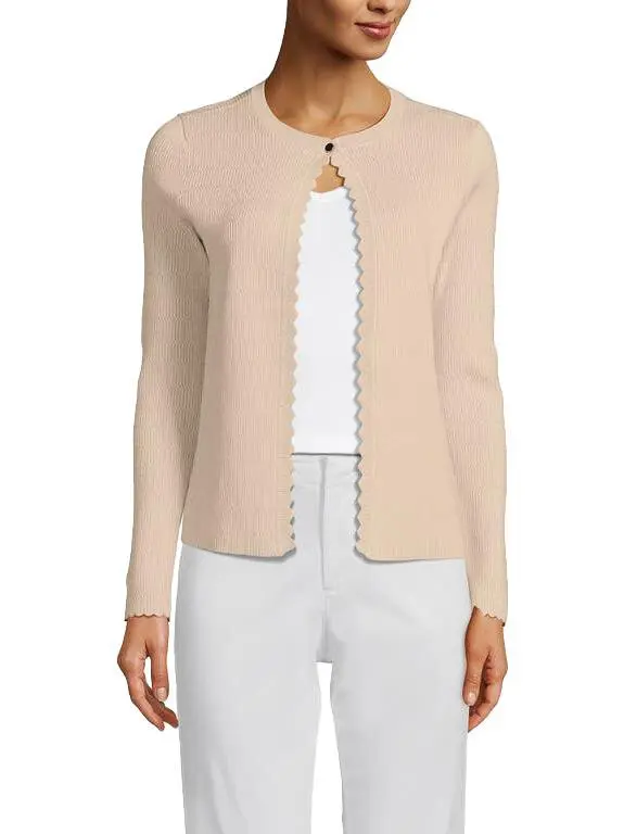 LANDS' END Fitted Cardigan Sweater With Scallop Edge - Oatmeal