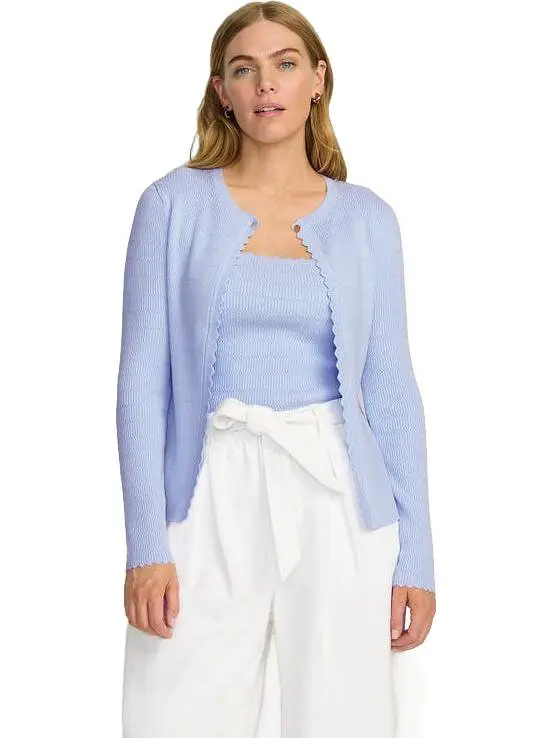 LANDS' END Fitted Cardigan Sweater With Scallop Edge - Soft Sky Blue