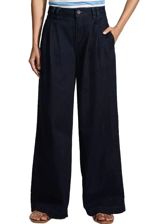 LANDS' END Lightweight Denim Mid Rise Pleated Slouchy Jeans - Deep Rinse