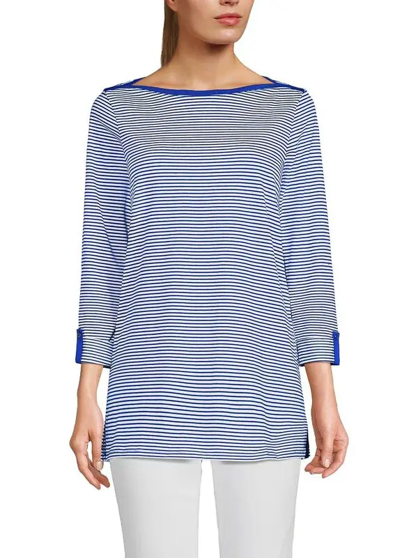 LANDS' END Supima Cotton 3/4 Sleeve Boatneck Tunic - Cobalt/ivory Micro Stripe