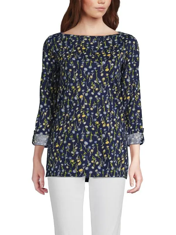 LANDS' END Supima Cotton 3/4 Sleeve Boatneck Tunic - Deep Sea Navy Multi Daisy