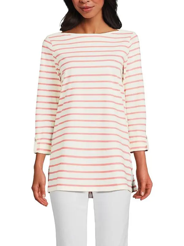 LANDS' END Supima Cotton 3/4 Sleeve Boatneck Tunic - Ivory/peach Breton Stripe