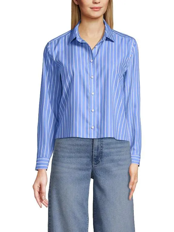 LANDS' END No Iron Boxy Cropped Shirt - Blue/sunset Coral Stripe