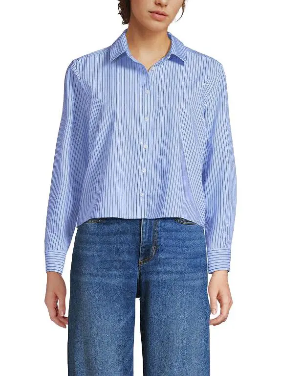 LANDS' END No Iron Boxy Cropped Shirt - Clear Blue Sky Thin Stripe