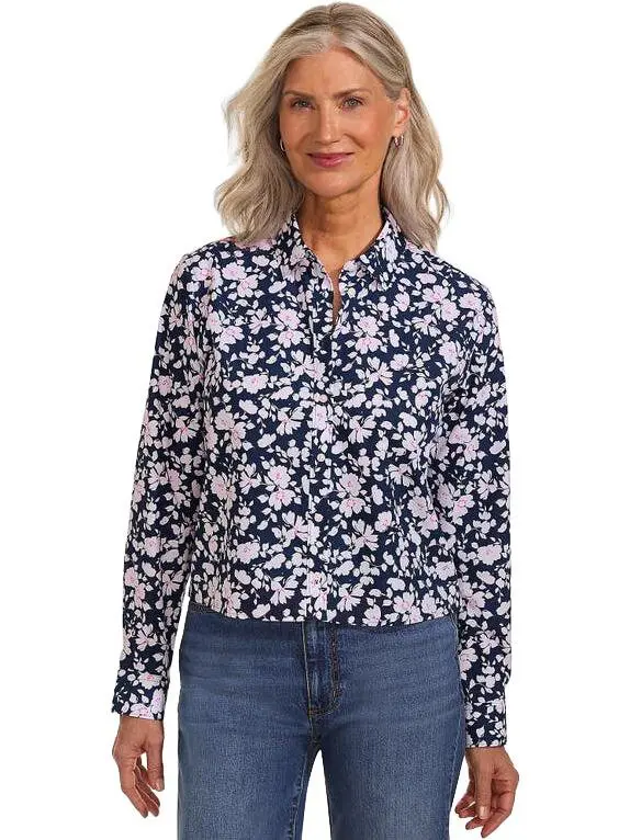 LANDS' END No Iron Boxy Cropped Shirt - Deep Sea Navy Blossoms