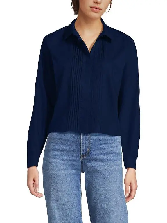 LANDS' END No Iron Boxy Cropped Shirt - Deep Sea Navy