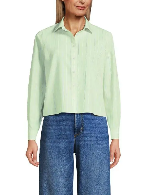 LANDS' END No Iron Boxy Cropped Shirt - Icy Mint Green Narrow Stripe