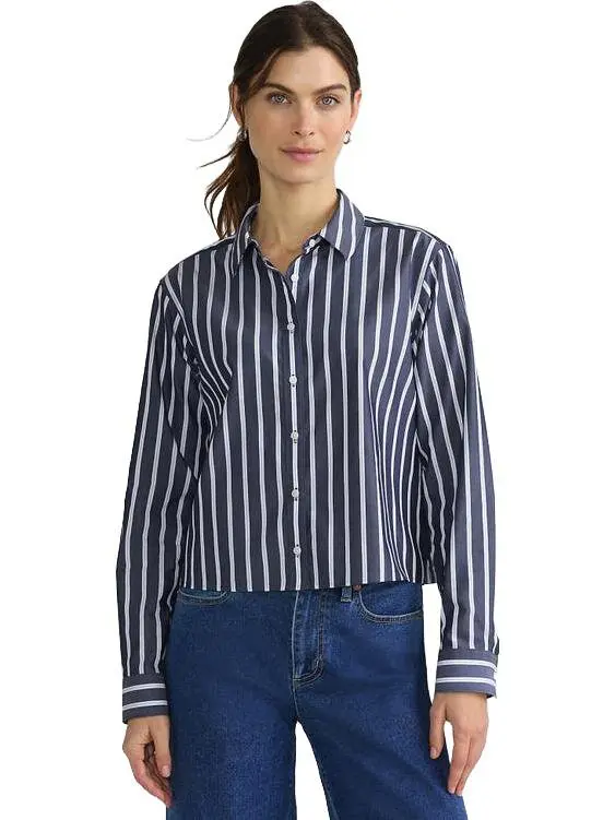 LANDS' END No Iron Boxy Cropped Shirt - Navy/white Dual Stripe