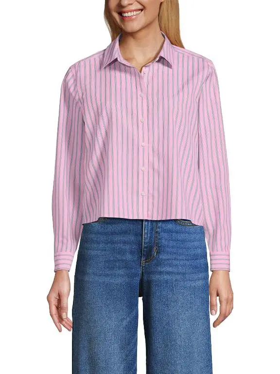 LANDS' END No Iron Boxy Cropped Shirt - Seaside Pink/navy Stripe