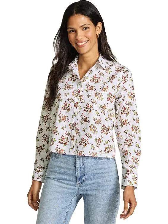 LANDS' END No Iron Boxy Cropped Shirt - White Meadow Floral