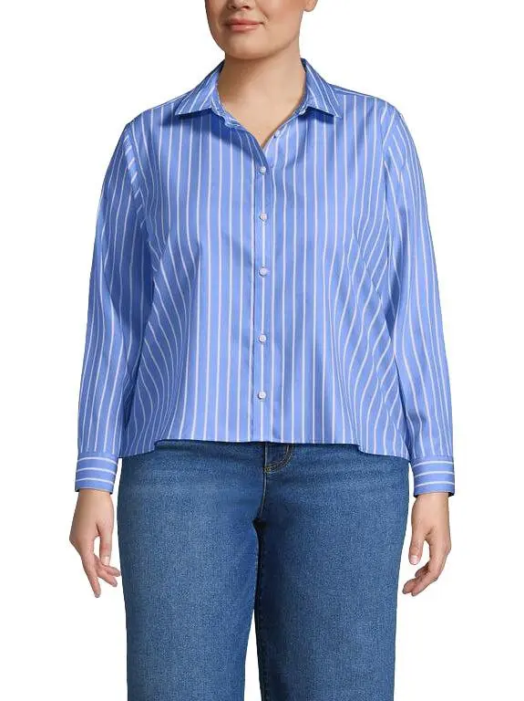 LANDS' END No Iron Boxy Cropped Shirt - Blue/sunset Coral Stripe