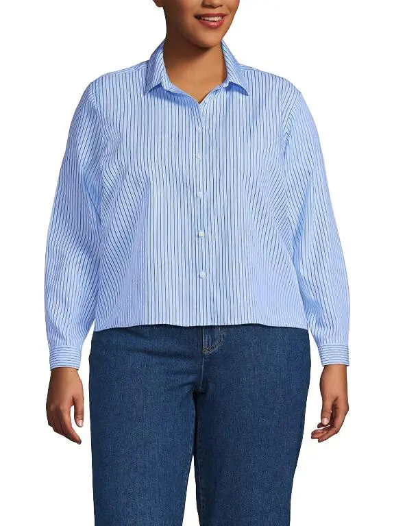 LANDS' END No Iron Boxy Cropped Shirt - Clear Blue Sky Thin Stripe