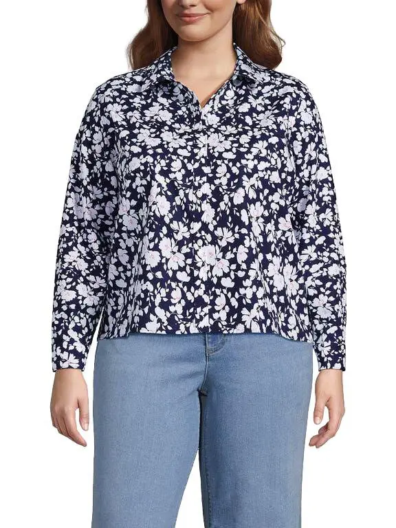 LANDS' END No Iron Boxy Cropped Shirt - Deep Sea Navy Blossoms