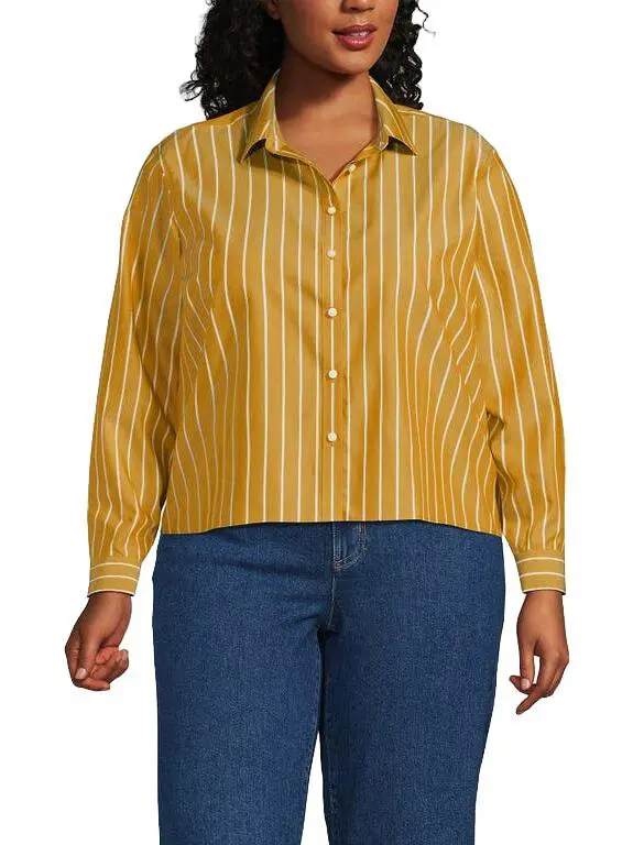 LANDS' END No Iron Boxy Cropped Shirt - Dijon Gold Narrow Stripe