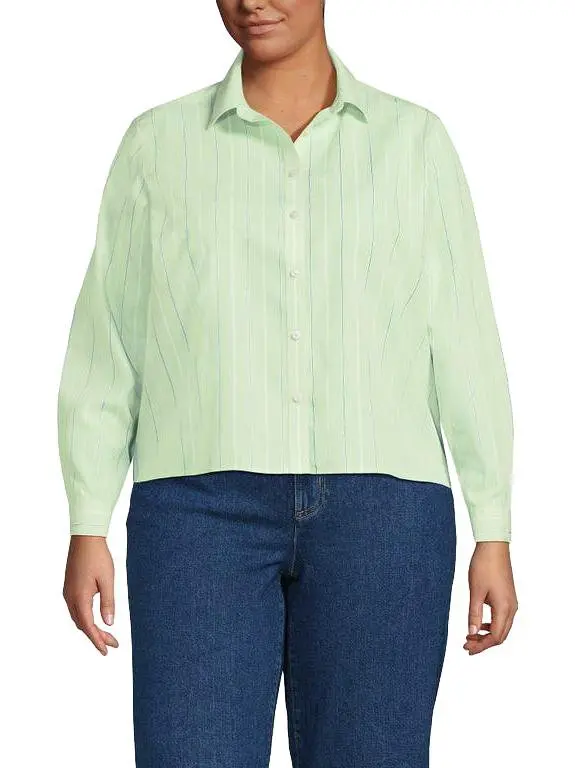 LANDS' END Boxy Cropped Shirt - Icy Mint Green Narrow Stripe
