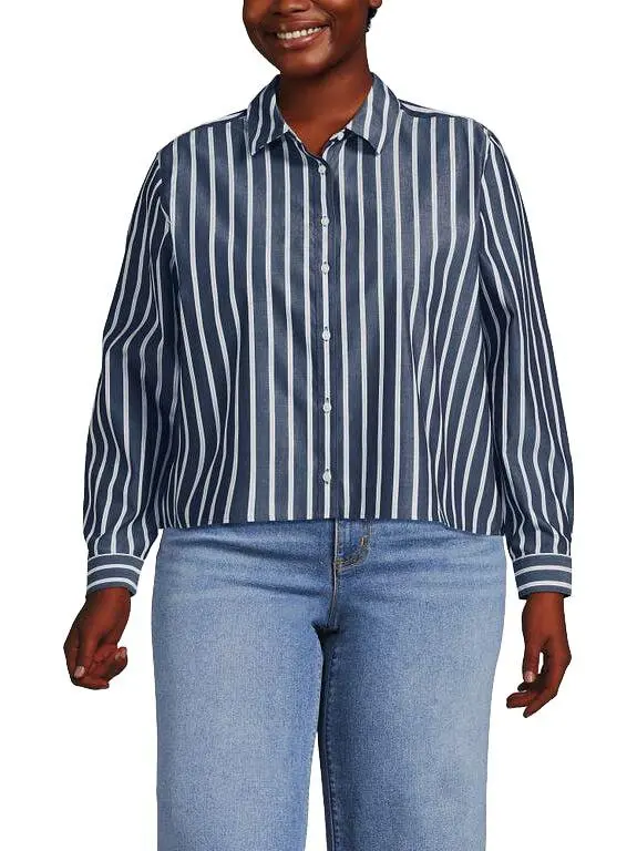 LANDS' END No Iron Boxy Cropped Shirt - Navy/white Dual Stripe