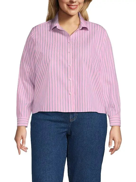 LANDS' END No Iron Boxy Cropped Shirt - Seaside Pink/navy Stripe