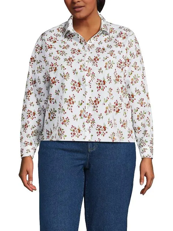 LANDS' END No Iron Boxy Cropped Shirt - White Meadow Floral