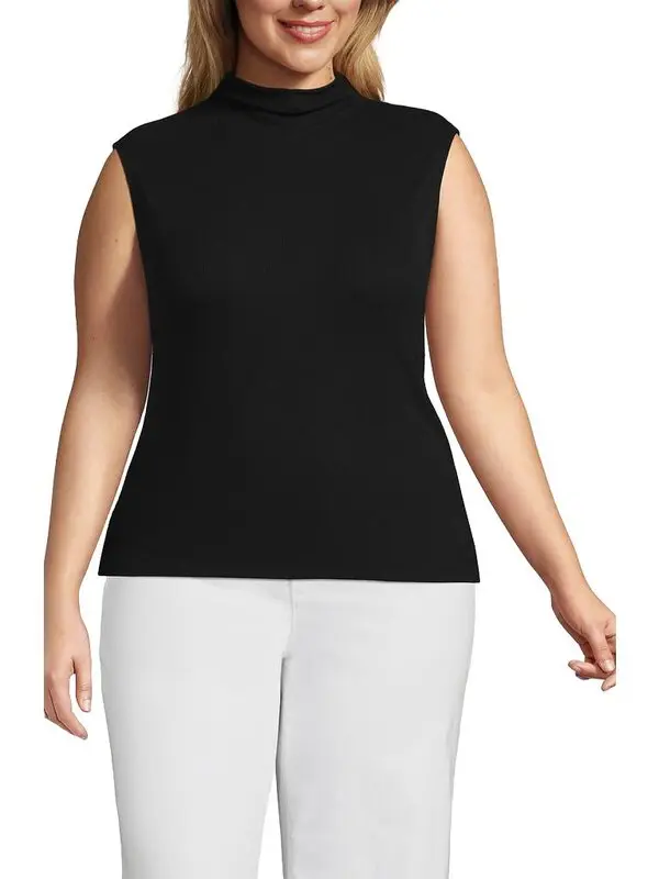 LANDS' END Cap Sleeve Drapey Rib Fitted Funnel Neck Tank - Black