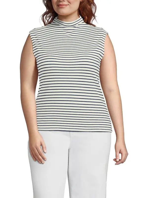 LANDS' END Cap Sleeve Drapey Rib Fitted Funnel Neck Tank - Ivory/deep Sea Navy Stripe