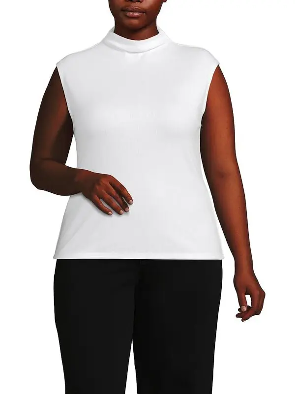 LANDS' END Cap Sleeve Drapey Rib Fitted Funnel Neck Tank - White