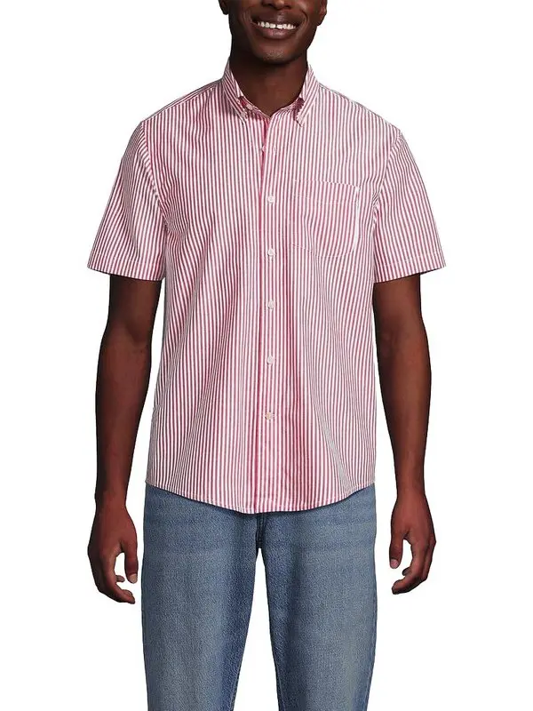LANDS' END Short Sleeve Essential Lightweight Poplin - Compass Red Vertical Stripe