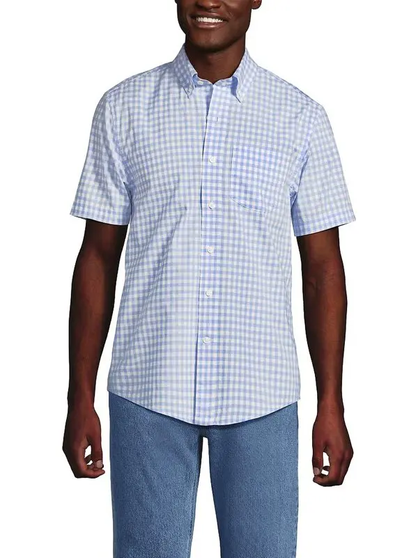 LANDS' END Short Sleeve Essential Lightweight Poplin - Light Sea Blue Gingham