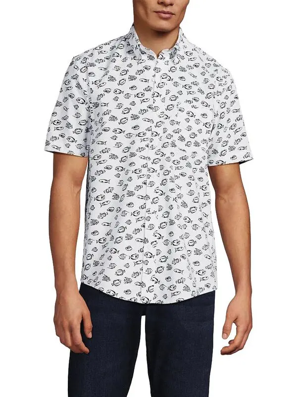 LANDS' END Short Sleeve Essential Lightweight Poplin - Radiant Navy Fish