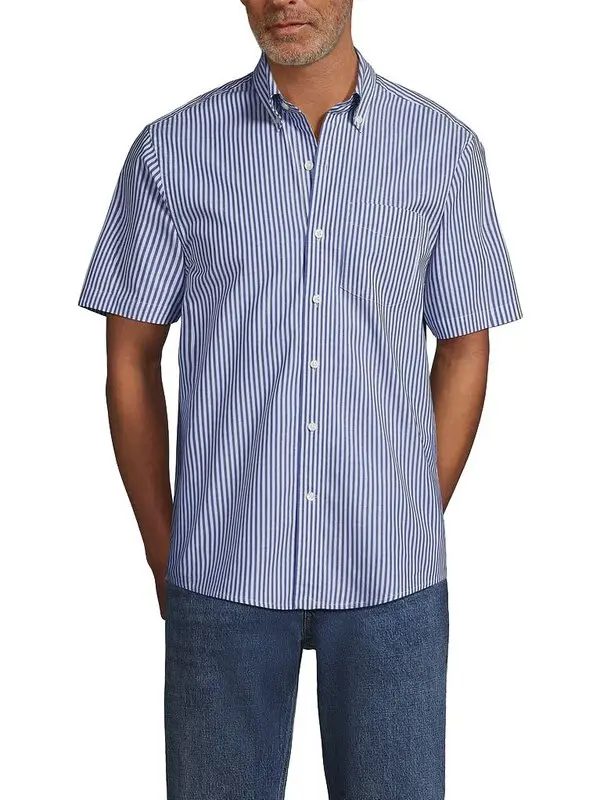 LANDS' END Short Sleeve Essential Lightweight Poplin - Sapphire Gem Blue Stripe