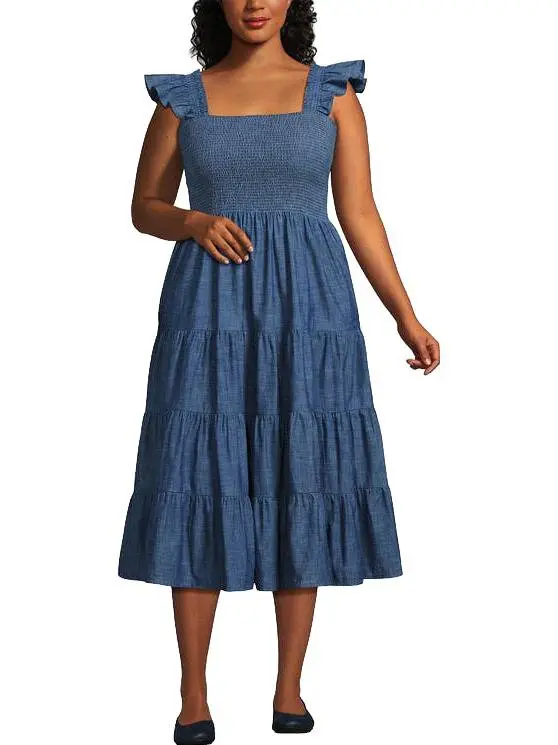 LANDS' END Chambray Smocked Midi Dress With Ruffle Straps - Medium Indigo Chambray