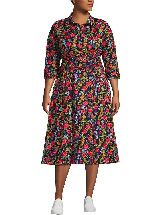 LANDS' END Poplin Midi Wrap Front Dress - Deep Sea Poppy Floral