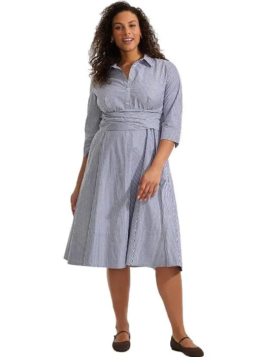 LANDS' END Poplin Midi Wrap Front Dress - Midnight Sky Pinstripe