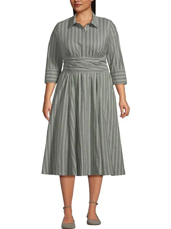 LANDS' END Poplin Midi Wrap Front Dress - River Stone Double Stripe
