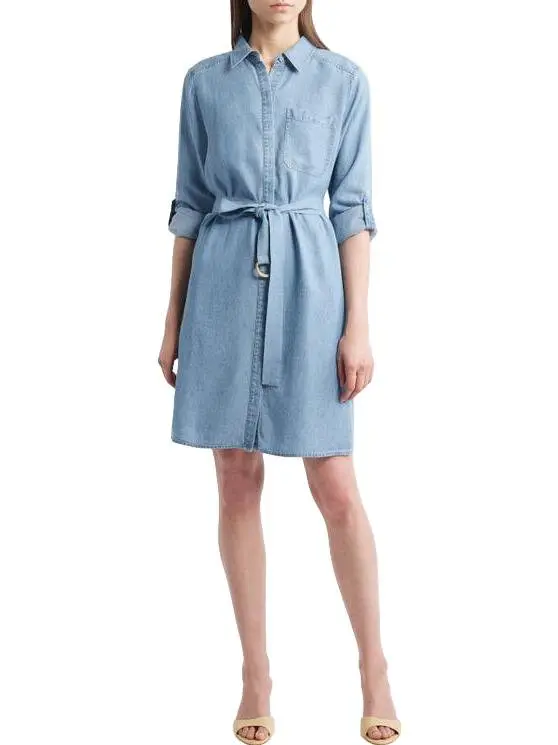 Kobi Halperin Tie Waist Button Front Long Sleeve Chambray Shirtdress - Light Blue