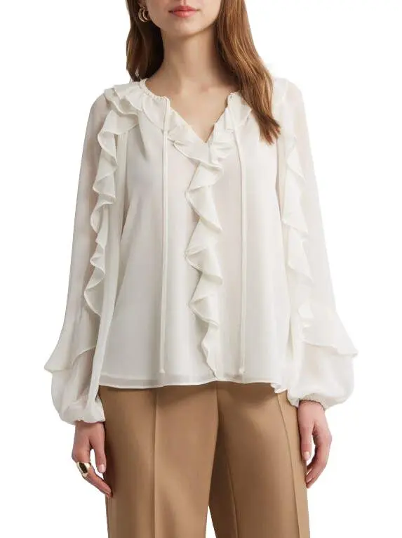 Kobi Halperin Ruffle Split Neck Chiffon Top - Ivory
